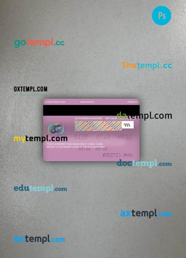Iran Zamin Bank mastercard PSD scan and photo taken image, 2 in 1