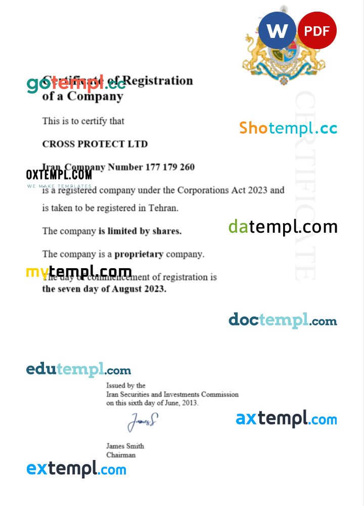 Iran business registration certificate Word and PDF template