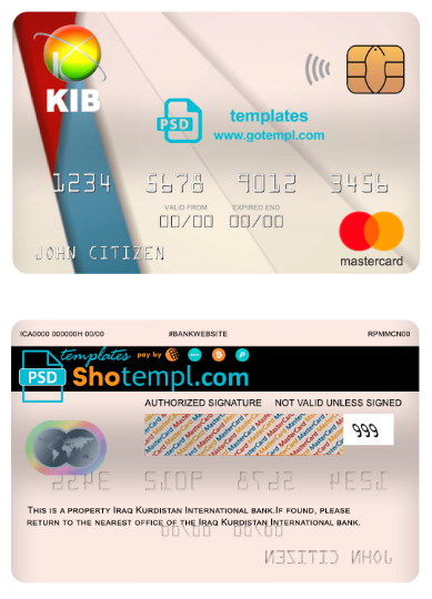 Iraq Kurdistan International bank mastercard, fully editable template ...