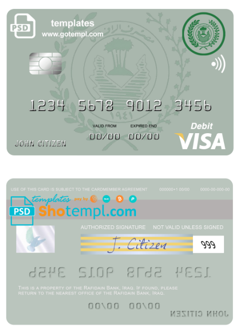Iraq Rafidain bank visa debit card template in PSD format, fully editable