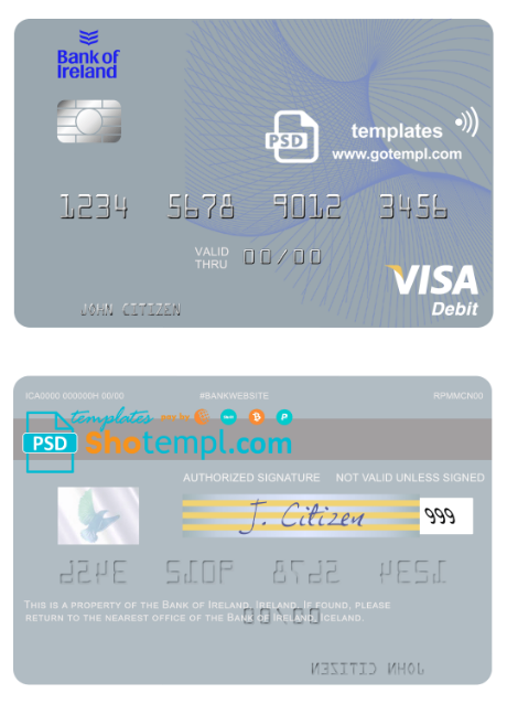 Ireland Bank of Ireland visa card template in PSD format, fully editable