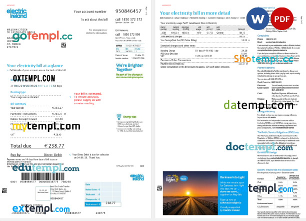 Ireland Electric Ireland utility bill template in Word and PDF format ...