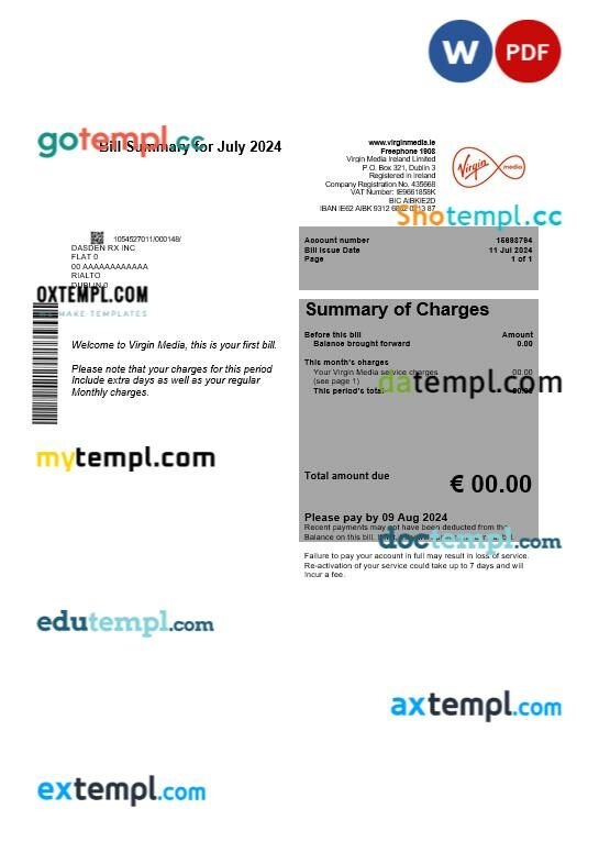 Ireland Virgin Media business utility bill template editable in Word ...