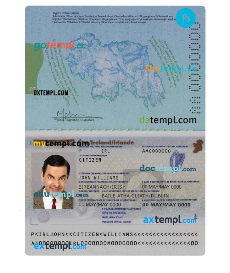 Ireland passport editable PSD files, scan and photo look templates, 2 in 1