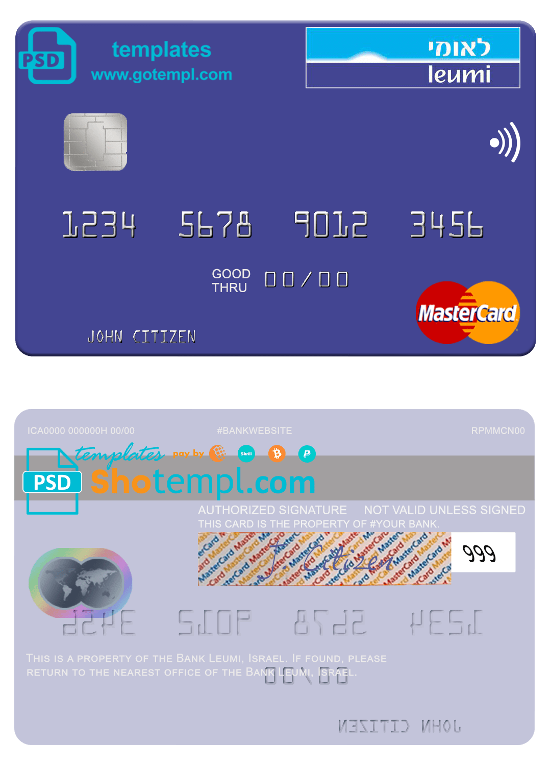 Israel Bank Leumi mastercard template in PSD format, fully editable