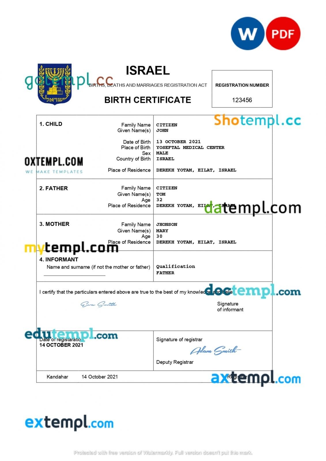 Israel vital record birth certificate Word and PDF template, completely ...