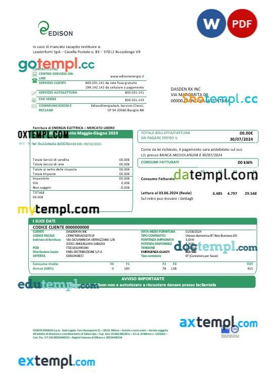 Italy Edison business utility bill template in Word and PDF formats ...