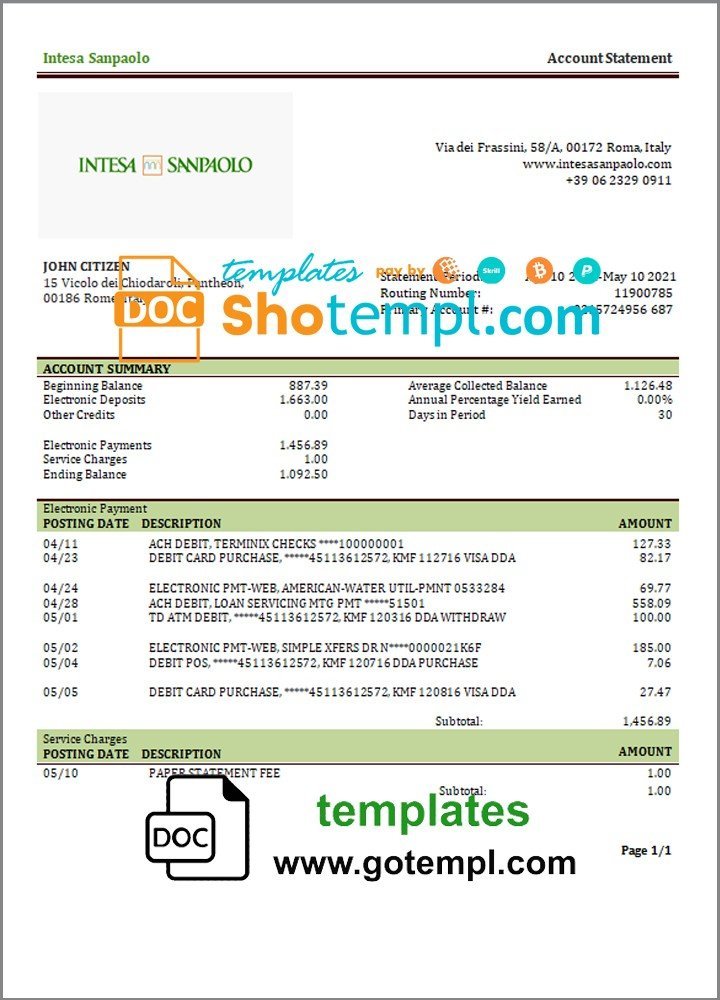 Italy Intesa Sanpaolo bank statement template in .doc and .pdf format ...