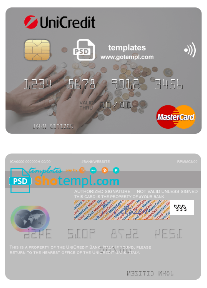 Italy UniCredit Bank mastercard fully editable template in PSD format