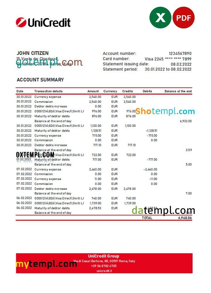 Italy Unicredit bank statement Excel and PDF template
