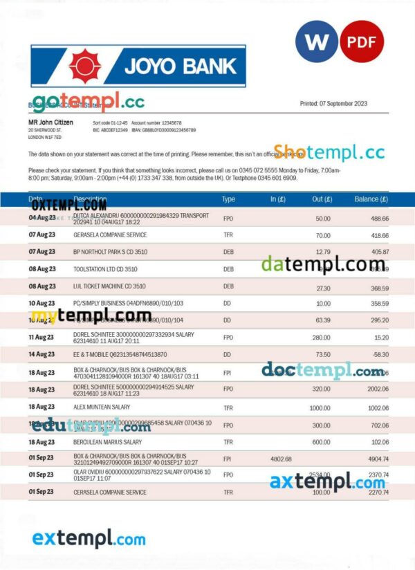 Joyo Bank company checking account statement Word and PDF template