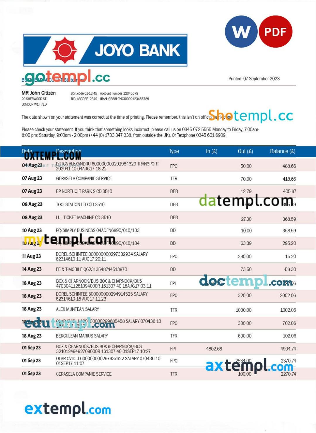 Joyo Bank company checking account statement Word and PDF template