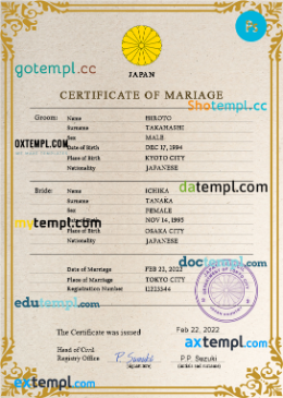 Japan marriage certificate PSD template, fully editable