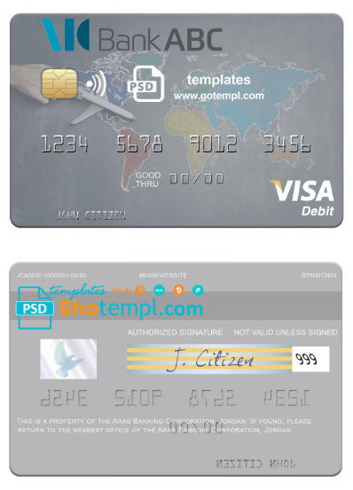 Jordan Arab Banking Corporation (ABC) visa card fully editable template ...
