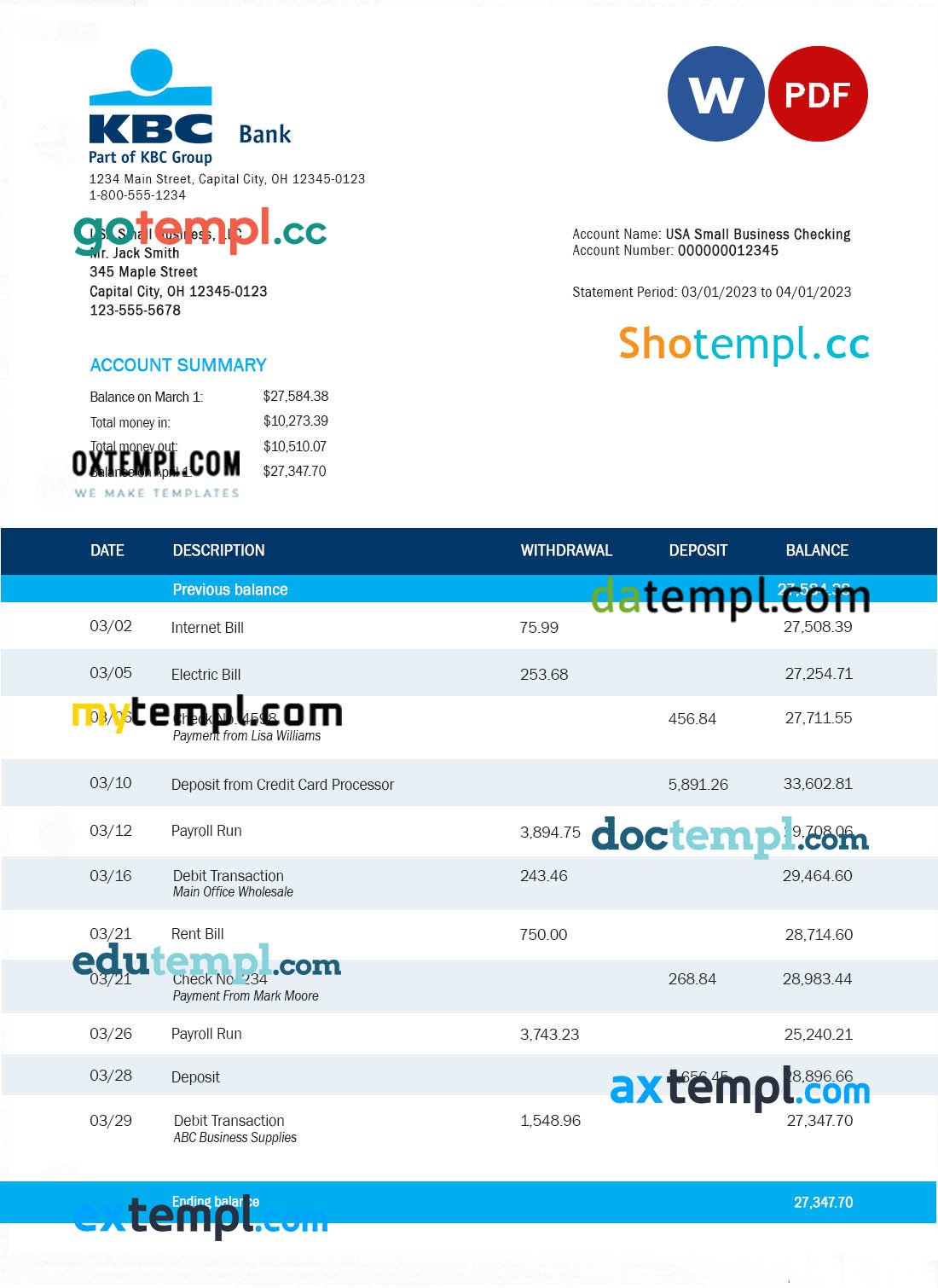 KBC Bank corporate account statement Word and PDF template