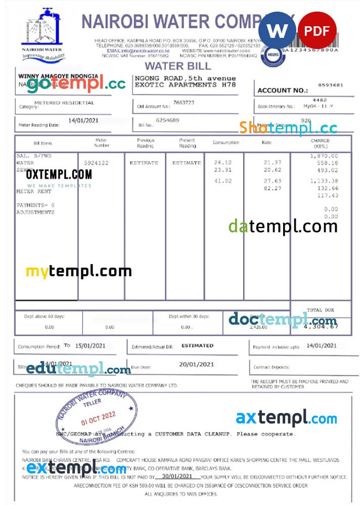KENYA NAIROBI WATER utility bill Word and PDF template – gotempl.cc