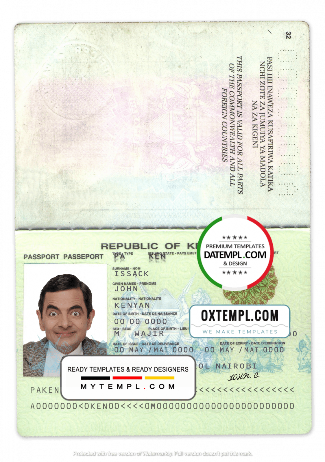 Kenya passport template in PSD format, 2011-2019
