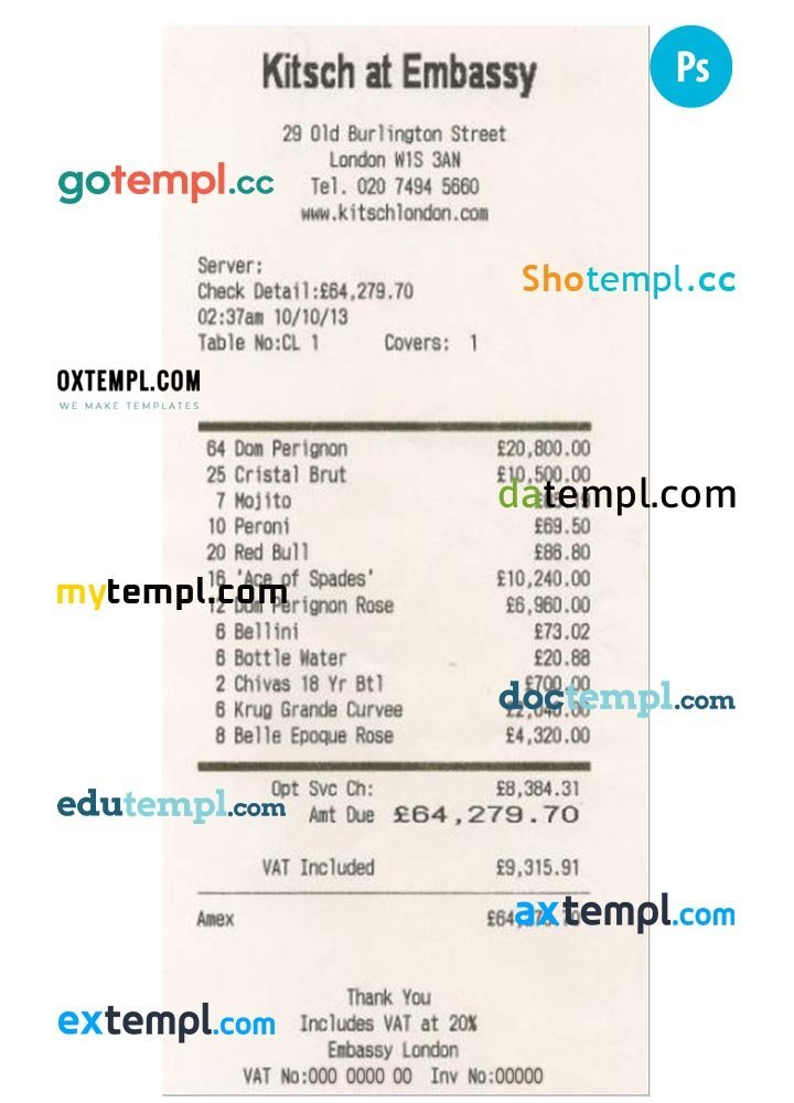 KITSCH AT EMBASSY payment check PSD template