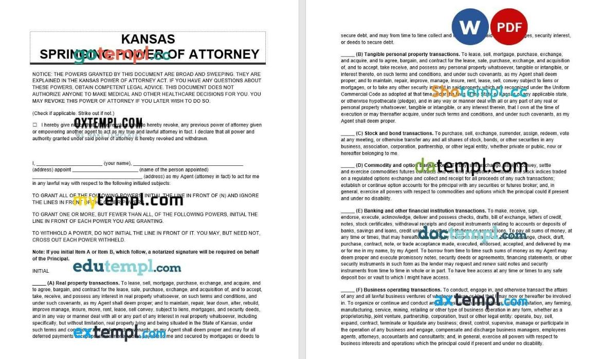 Kansas Springing Power of Attorney example, fully editable