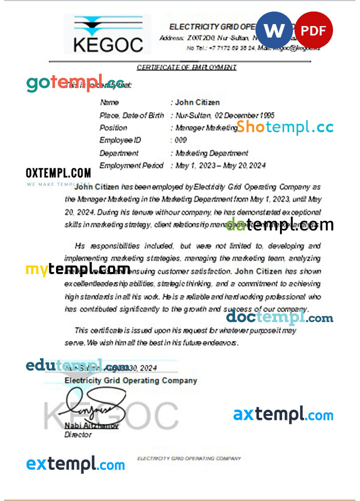 Kazakhstan Electricity Grid Operating Company certificate of employment ...