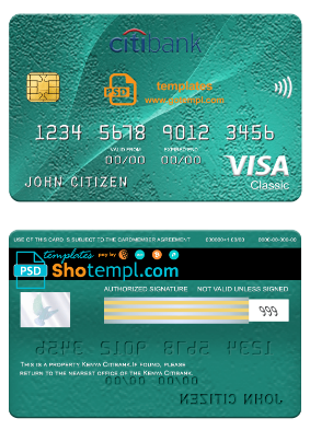 Kenya Citibank visa classic card, fully editable template in PSD format