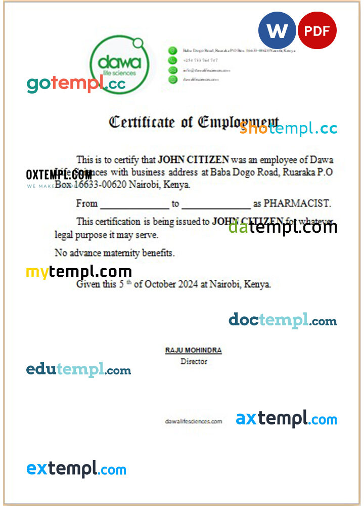 Kenya Dawa Life Sciences certificate of employment Word and PDF ...