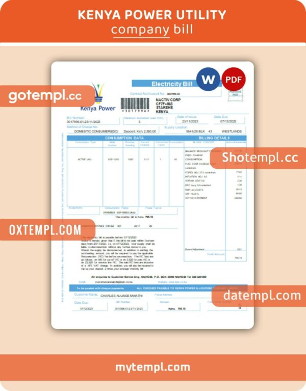 Kenya Power business utility bill, Word and PDF template
