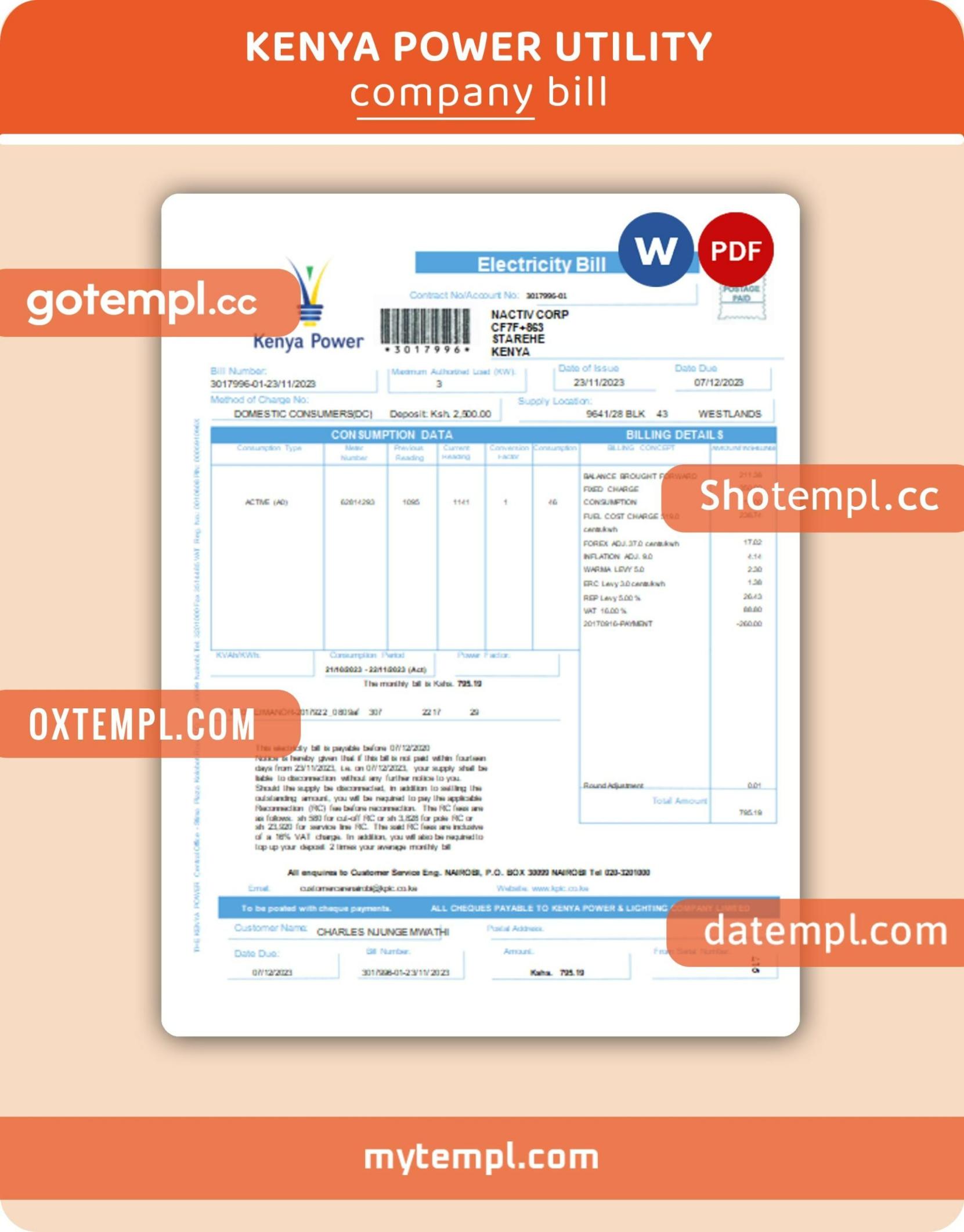 Kenya Power business utility bill, Word and PDF template