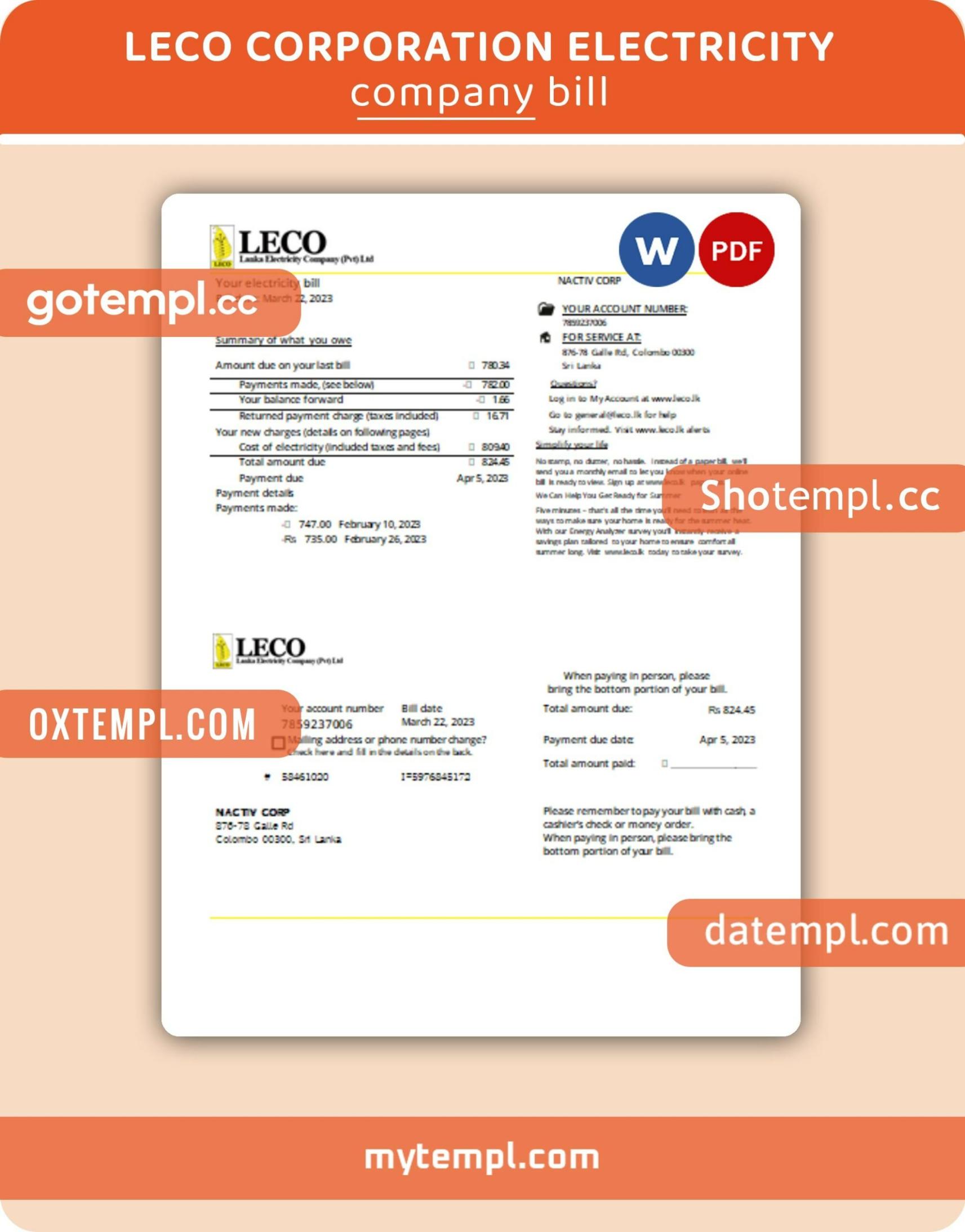Leco Corporation electricity business utility bill, PDF and WORD template