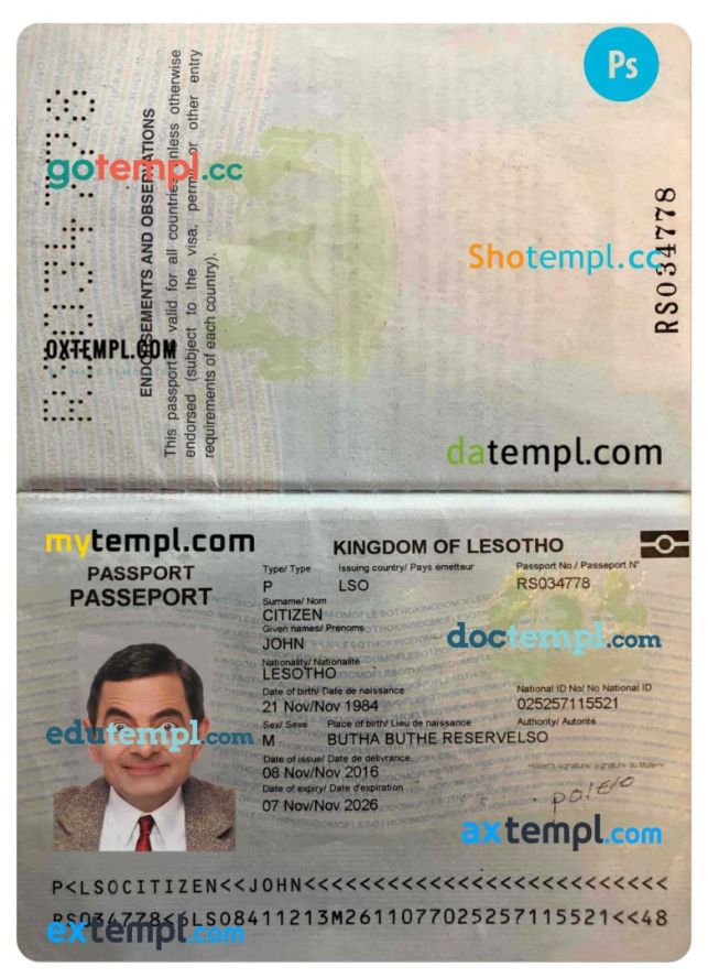 Lesotho passport editable PSD files, scan and photo taken image, 2 in 1