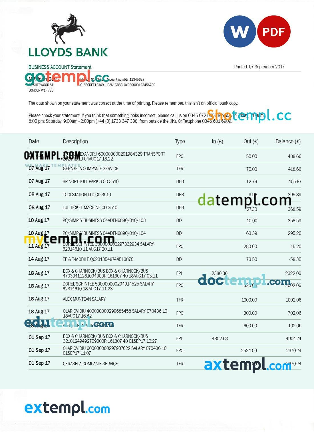 Lloyds bank organization account statement Word and PDF template
