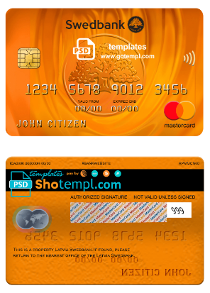 Latvia Swedbank mastercard, fully editable template in PSD format