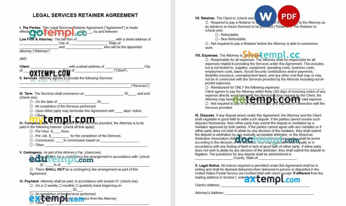 free legal services retainer agreement template, Word and PDF format