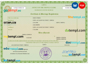 Libya marriage certificate Word and PDF template, fully editable
