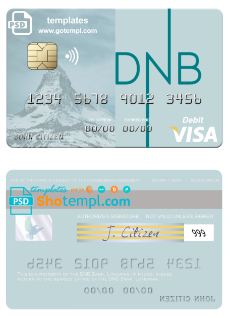 Lithuania DNB Bank visa card fully editable template in PSD format