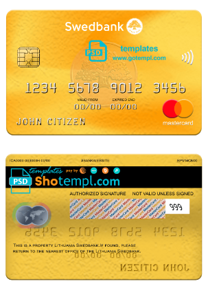 Lithuania Swedbank mastercard, fully editable template in PSD format