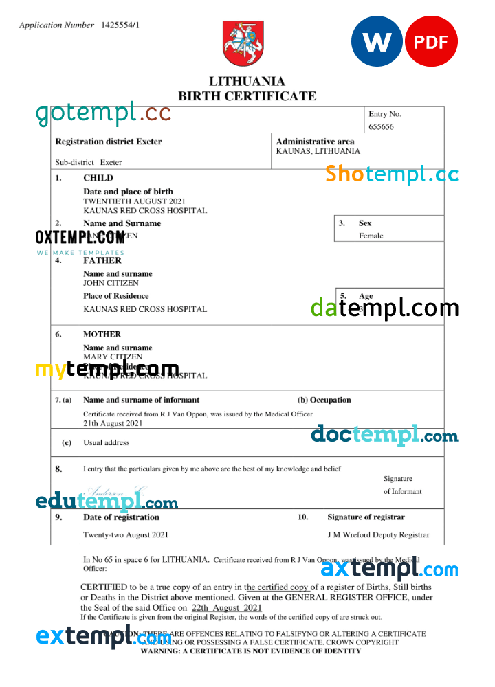 Lithuania birth certificate Word and PDF template, completely editable
