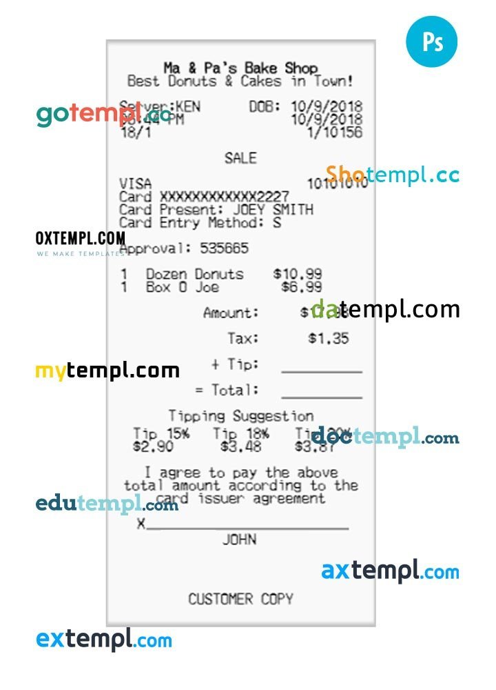 MA & PA’S BAKE SHOP receipt PSD template