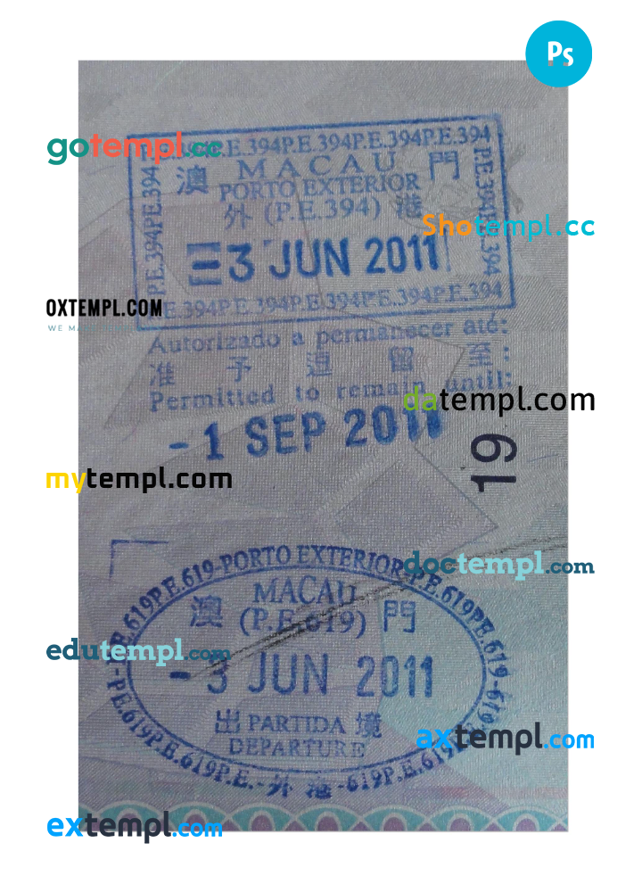 Macau visa stamp PSD template, with fonts