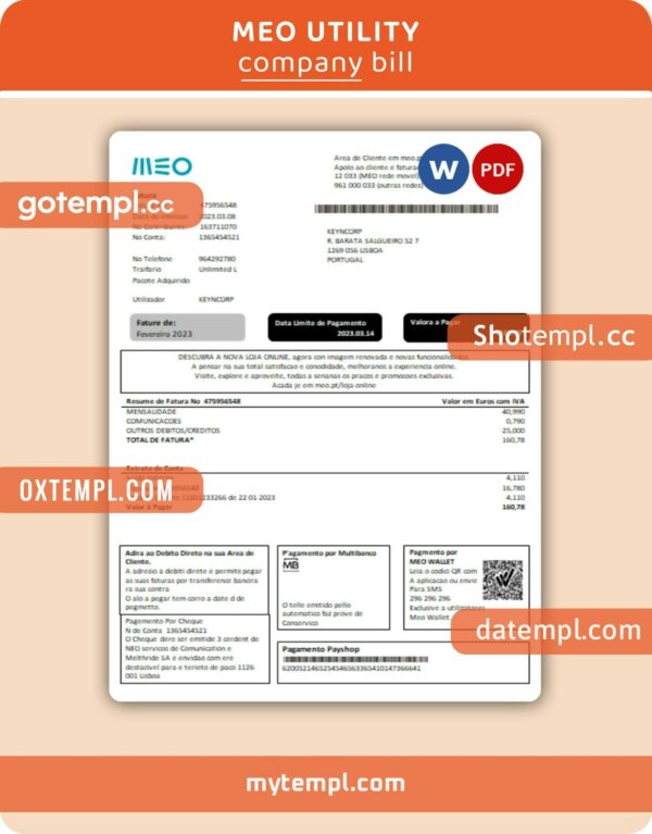 Meo business utility bill, Word and PDF template
