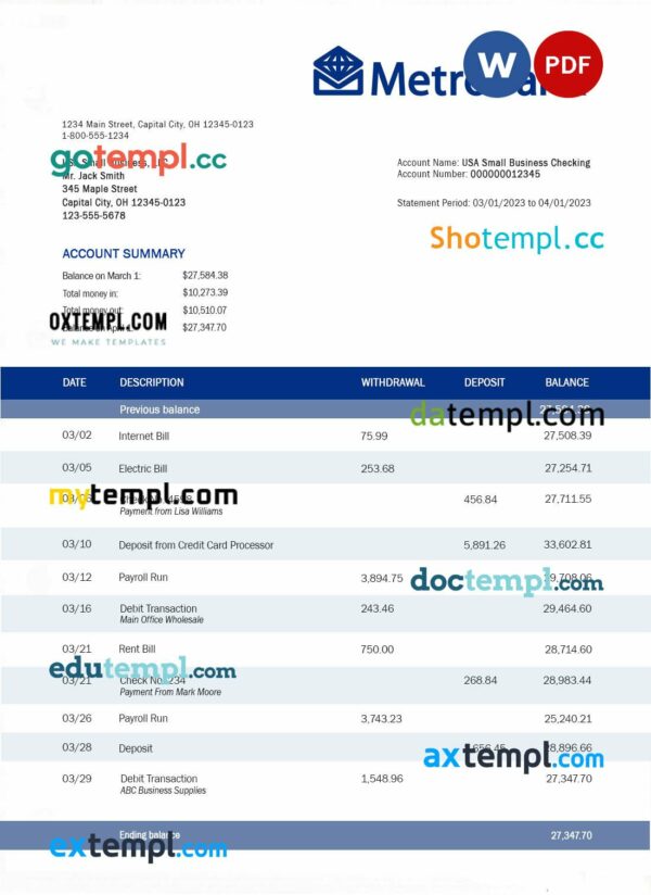 Metrobank enterprise statement Word and PDF template