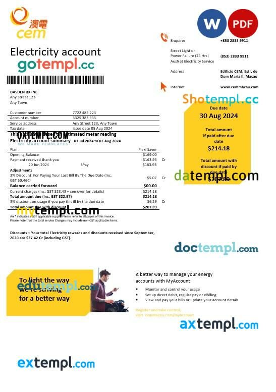 Macau CEM electricity business utility bill Word and PDF template – gotempl.cc