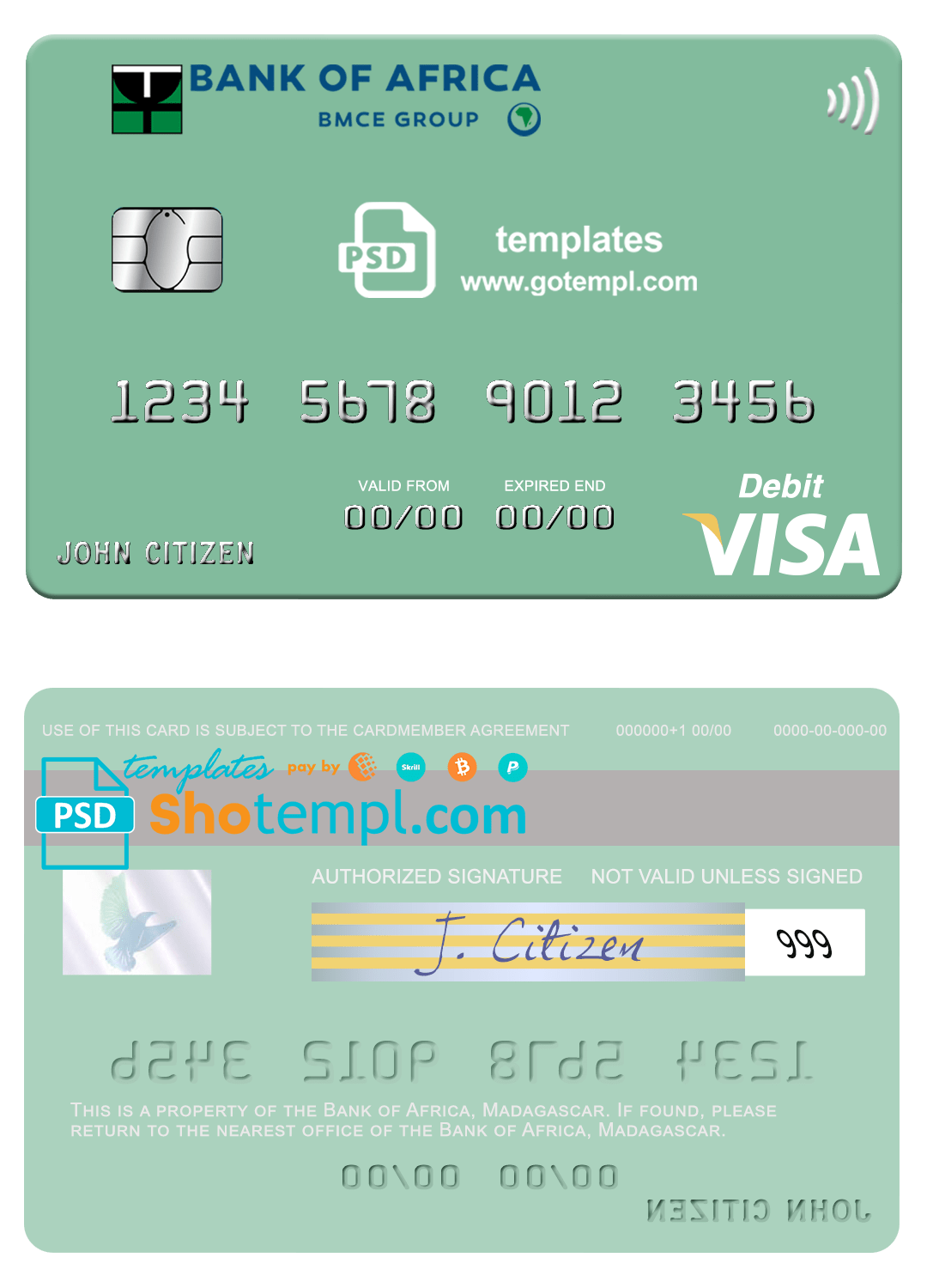 Madagascar Bank of Africa visa credit card template in PSD format