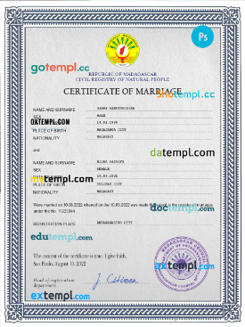 Madagascar marriage certificate PSD template, completely editable