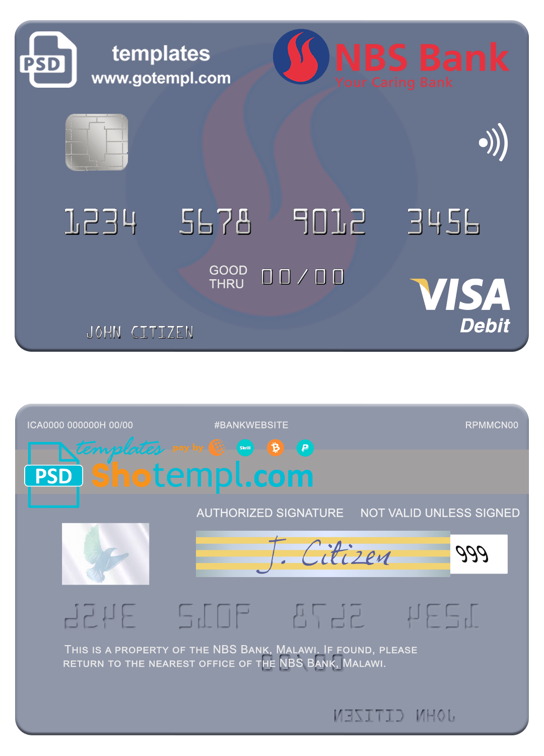 Malawi NBS Bank visa card fully editable template in PSD format