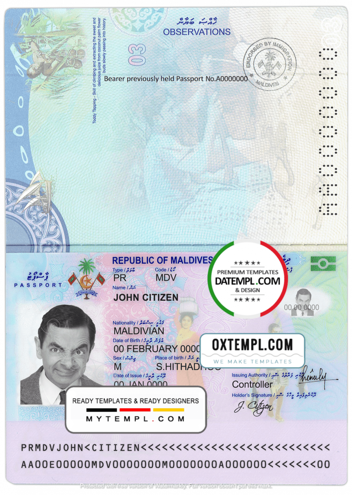Maldives passport template in PSD format, fully editable, with all fonts