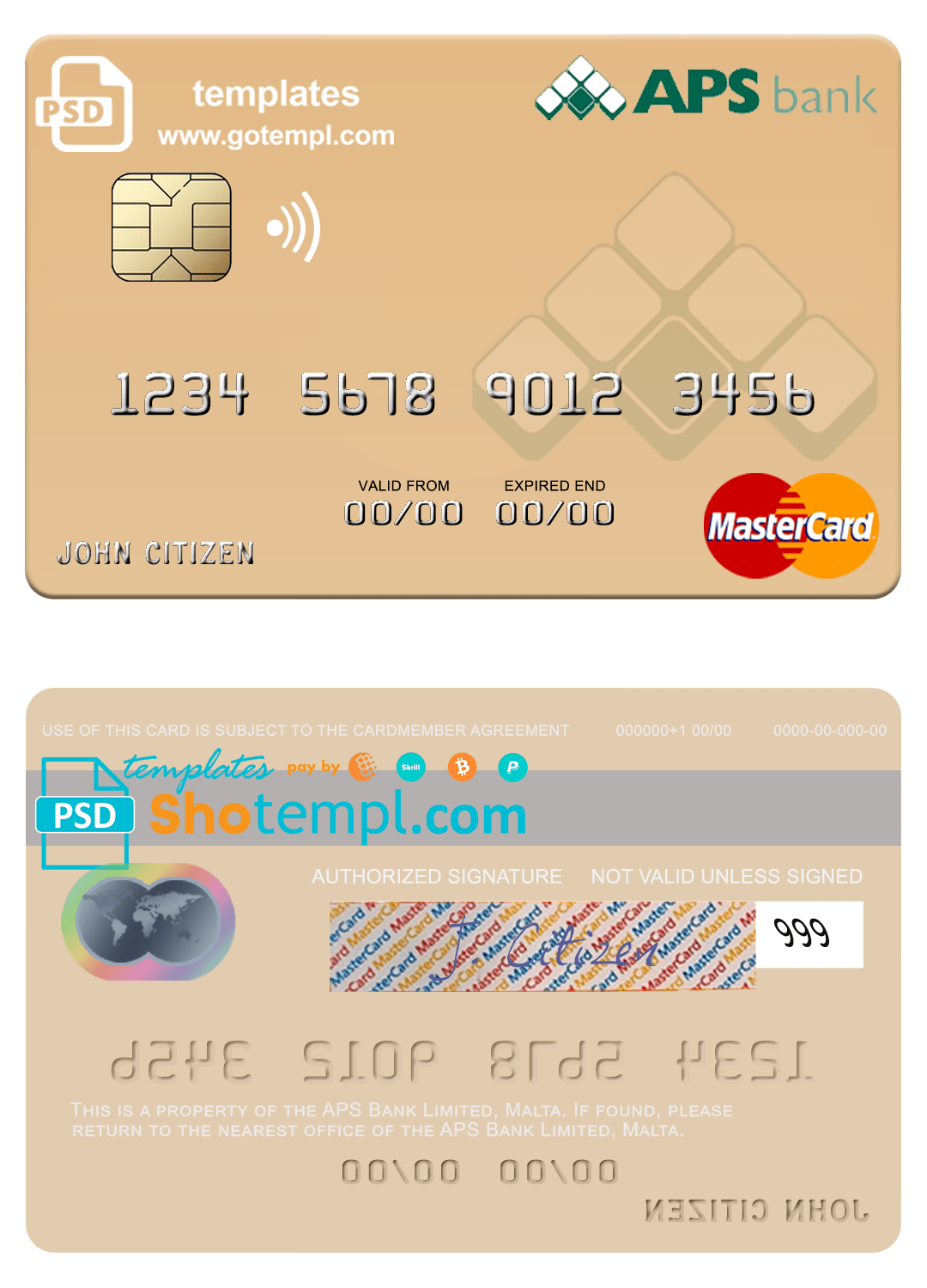 Malta APS Bank Limited mastercard credit card template in PSD format