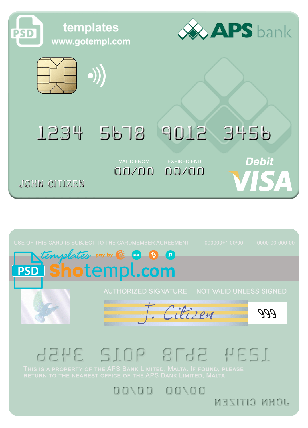 Malta APS Bank Limited visa card fully editable template in PSD format