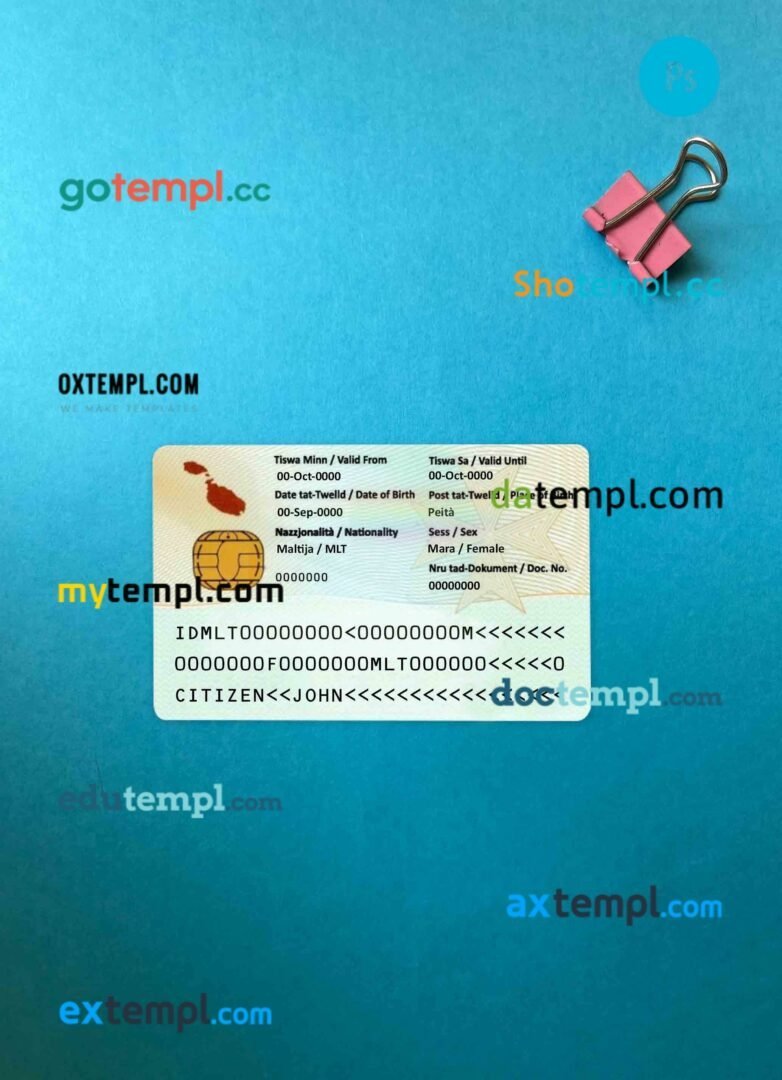 Malta ID card editable PSDs, scan and photo-realistic snapshot, 2 in 1