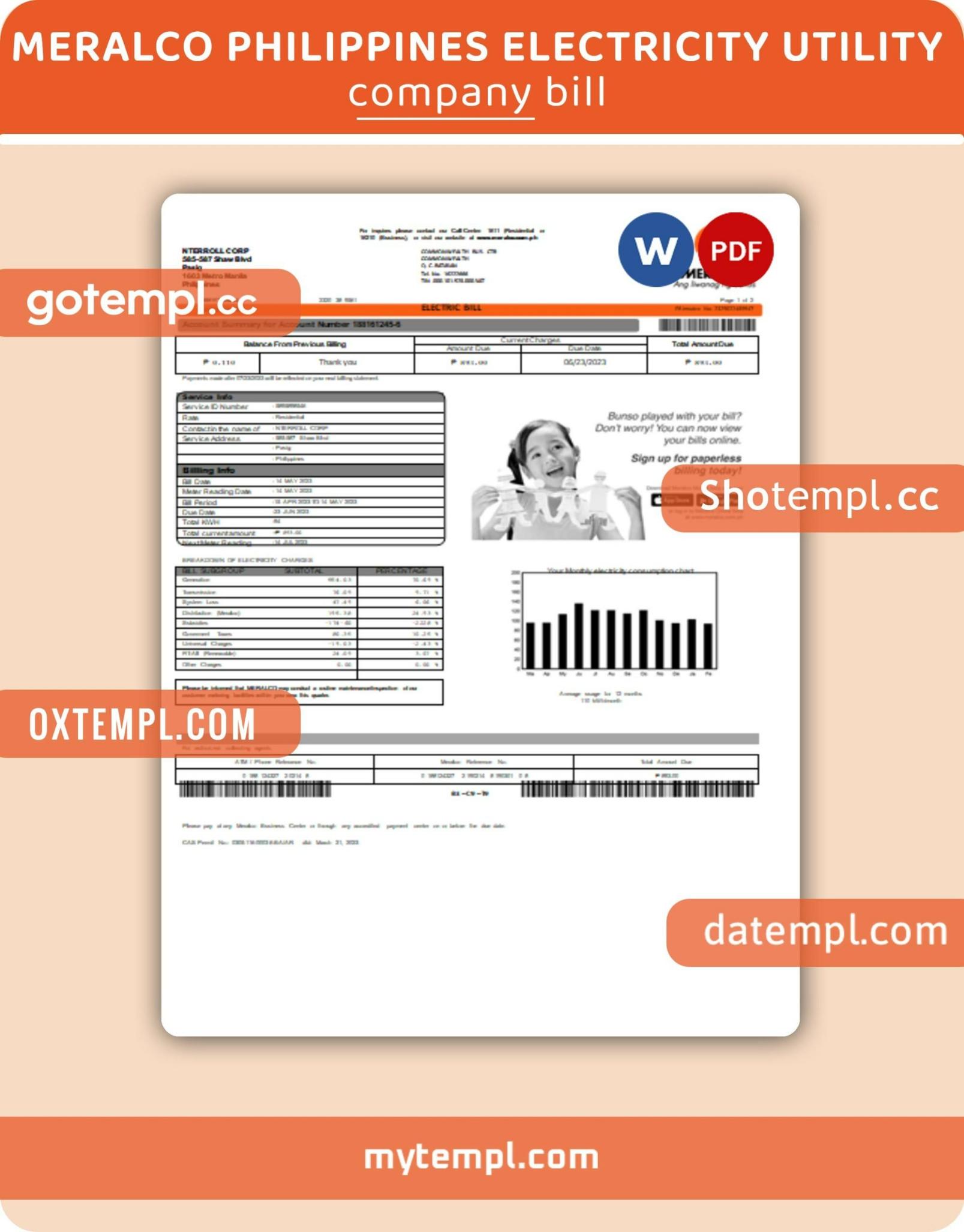 Meralco Philippines electricity business utility bill, Word and PDF ...
